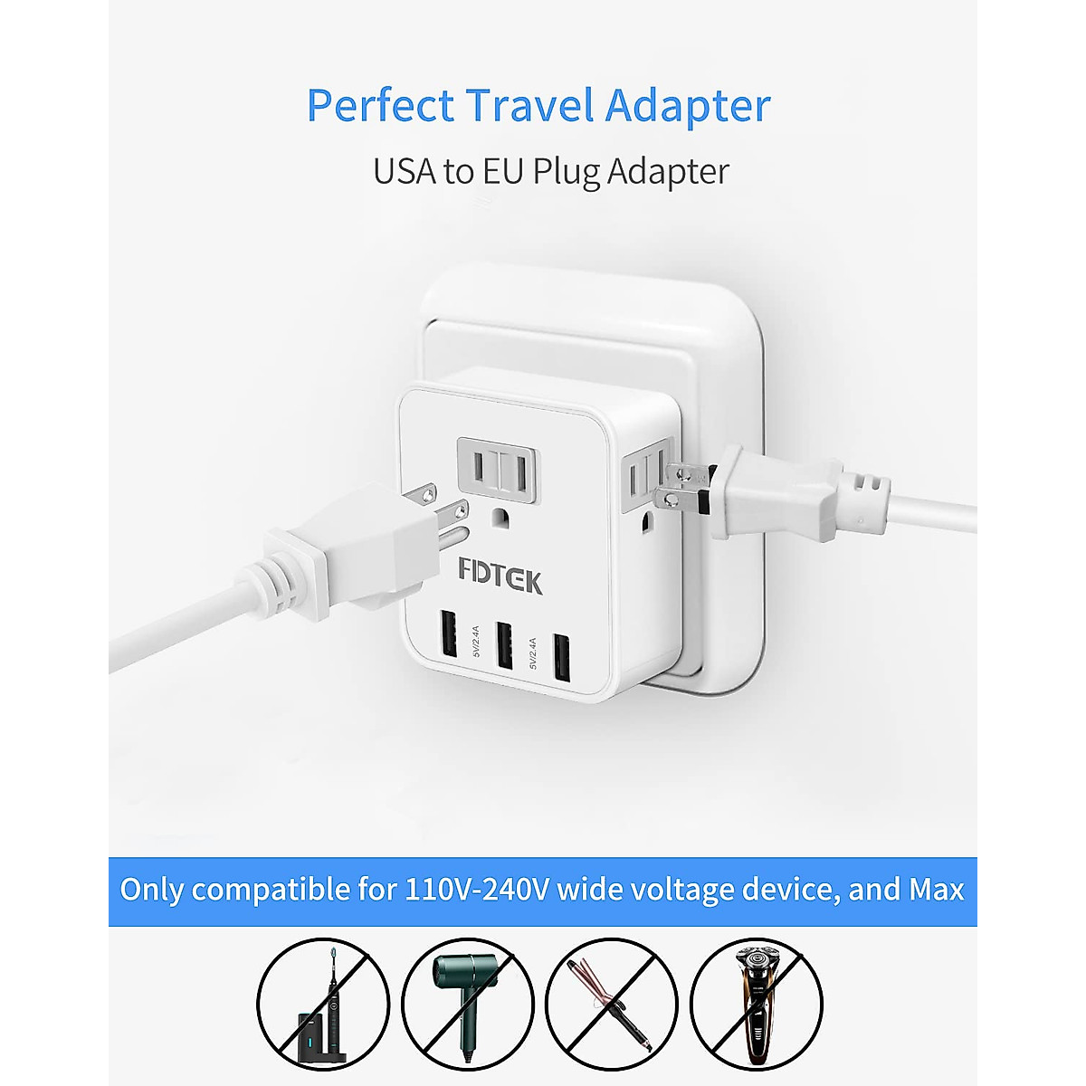 European Travel Plug Adapter, FDTEK US to Europe Power Adapter with 3 USB and 3 AC Outlet, Euro Charger Adaptor Type C for USA to EU France Germany Greece Italy Israel Spain, 2-Pack