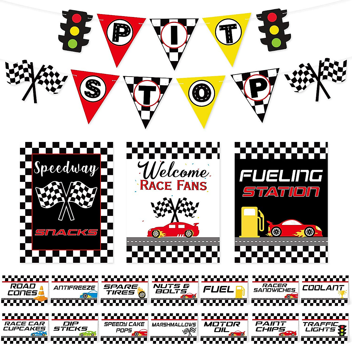 Race Car Bar Decorations Kit Racing Bar Signs Snack Tent Cards Pit Stop Banner for Race Car Birthday Party Decorations Let's Go Racing Theme Party Supplies