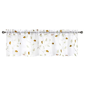Fragrantex White Gold Leaf Embroidered Sheer Valance 15 Inches Floral Small Cafe Curtain for Kitchen Short Silver Curtain for Bay Window Bathroom and Living Room 56" Wx15 L Golden Yellow Rod Pocket