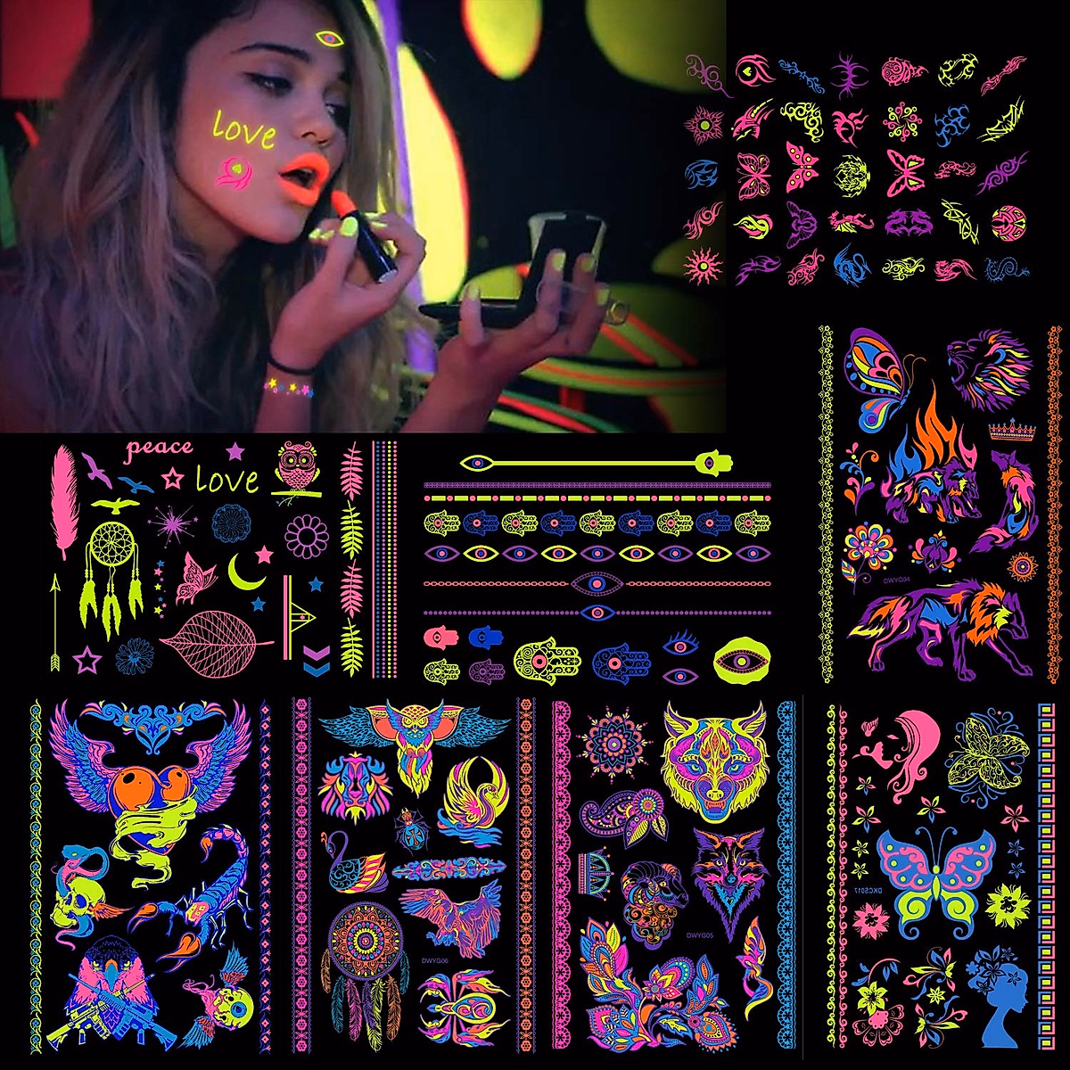 HOWAF 8 Large Sheets Neon Temporary Tattoos, 100+ Shimmer Designs Glow UV Neon Body Face Skin Tattoo Wolf Jewellery Tattoos Flash Fake Waterproof Tattoo Stickers for Women Men Girls Body Art