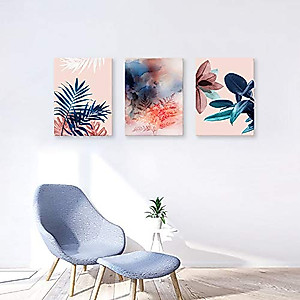 Canvas Wall Art for Girls Bedroom Bathroom,3 Pieces 12" X 16" Tropical Botanical Prints Abstract Watercolor, Modern Navy Blue Leaf Picture Artwork Framed Ready to Hang, Teen Girls Woman Room Blush Pink Decor