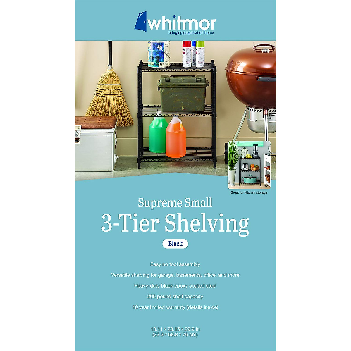 Whitmor Adjustable 3 Tier Shelving with Leveling Feet - Black