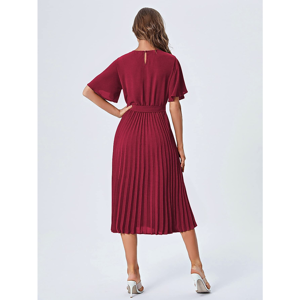 Milumia Women's Elegant Belted Pleated Flounce Sleeve Long Dress Burgundy Large