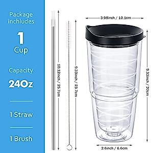 Modwnfy Clear Insulated Tumbler 24 Oz, Double Wall Tumbler with Black Lid And Straw, Plastic Tumbler Cups, Large Capacity Clear Tumbler, Clear Tumblers for Cold ＆ Hot Drinks