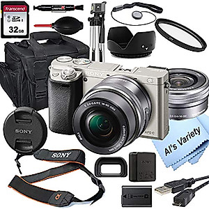 Sony Alpha a6000 (Silver) Mirrorless Digital Camera with 16-50mm Lens + 32GB Card, Tripod, Case, and More (18pc Bundle) (Renewed)