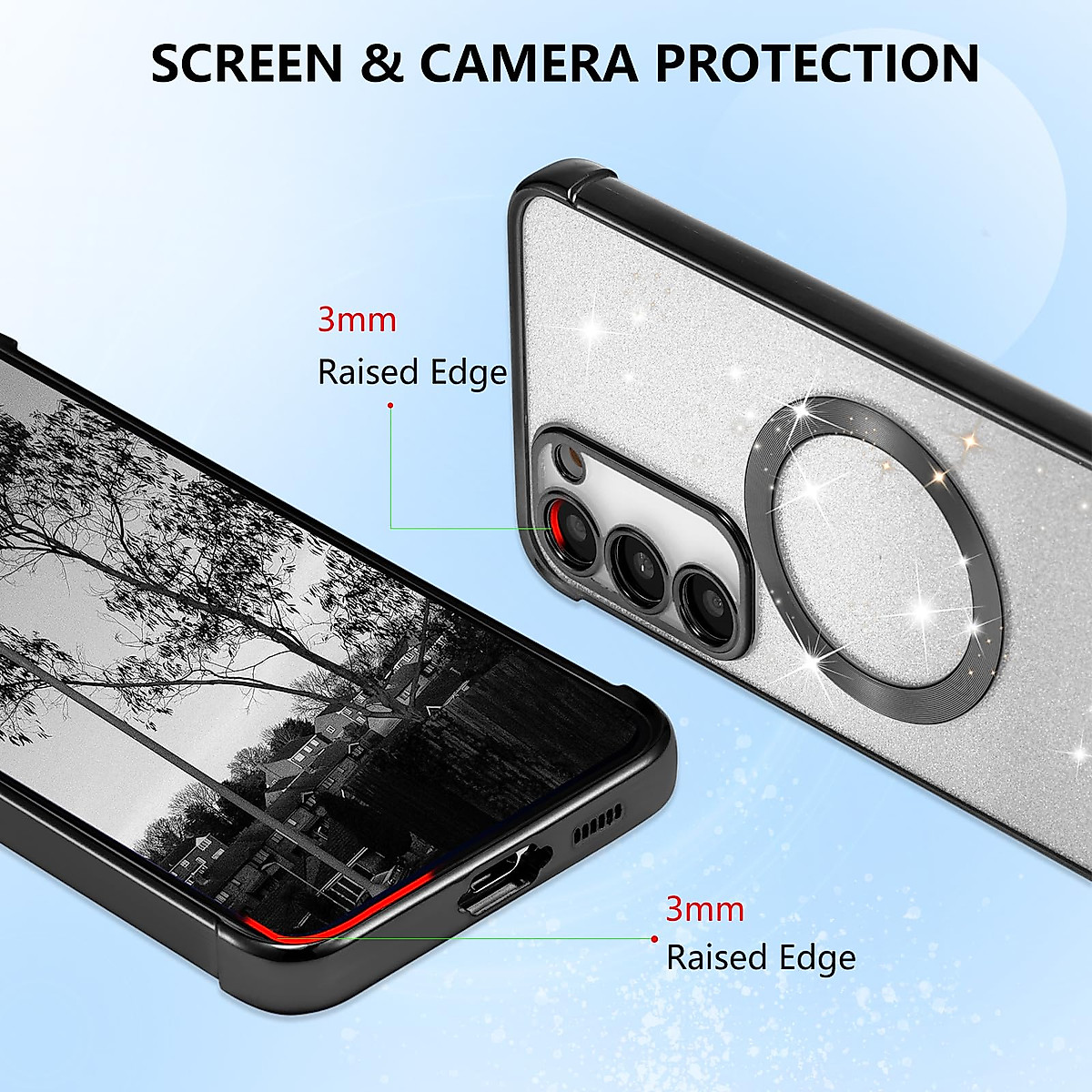 ZTOFERA Clear Magnetic Case for Samsung Galaxy S23 Plus 5G with Gradient Glitter Peice(2 in 1), Luxury Plating Cute Transparent Bling Sparke Case for Women Girls,Shockproof TPU Protector Cover-Black