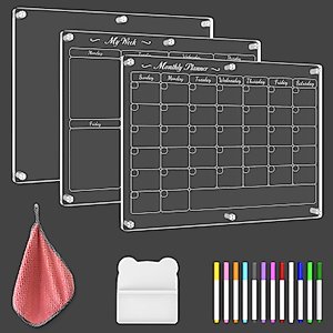 CSTKPFV Acrylic Calendar for Fridge, Set of 3 Clear Magnetic Dry Erase Board Calendar for Refrigerator, Reusable Planner Board Calendar Includes 12 Markers 12 Colors(16"x12"Inches)