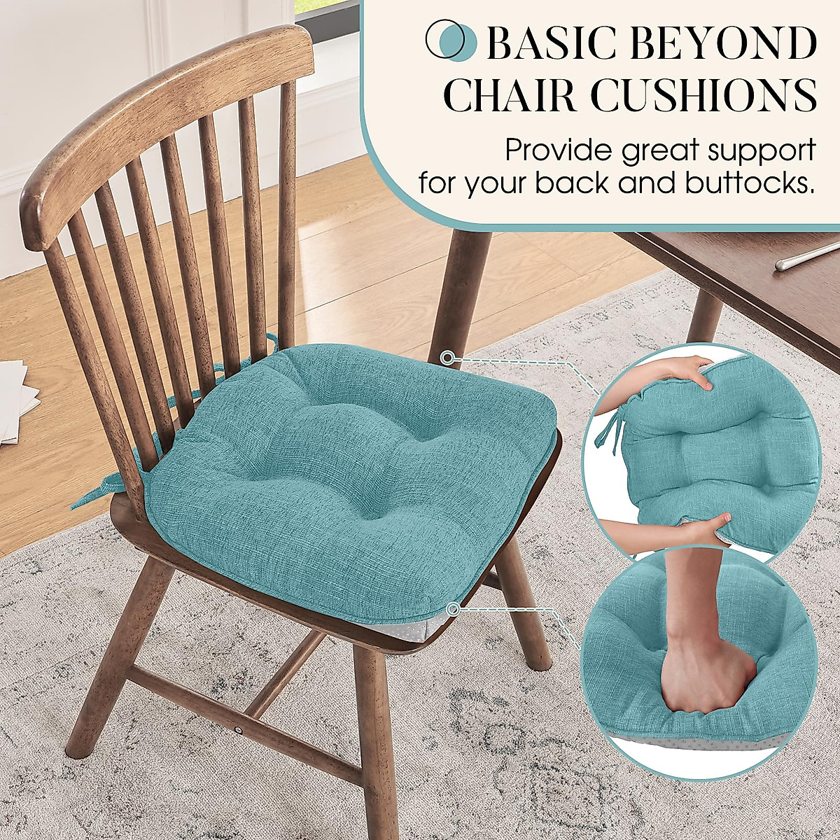 Basic Beyond Chair Cushions for Dining Chairs 4 Pack, Memory Foam Chair Cushion with Ties and Non Slip Backing, 15.5 x 15.5 inches Tufted Chair Pads for Dining Chairs(Aqua Blue)
