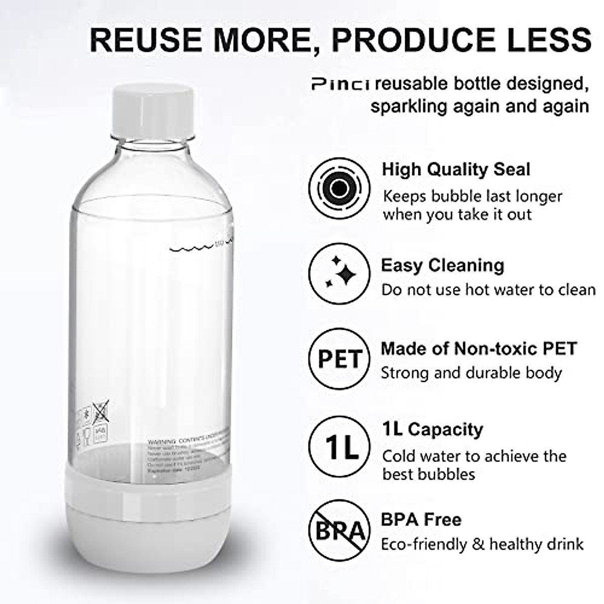 pinci Reusable Soda Stream 1-Liter Carbonating Bottles,BPA-Free Sparkling Water Bottle,Compatible Soda-stream Water Maker(White)