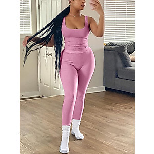 AYWA Casual Workout Sets Two Piece Outfits for Women Ribbed Crop Tank Top High Waist Leggings Active Wear (Pink, X-Small)