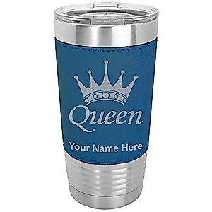 LaserGram 20oz Vacuum Insulated Tumbler Mug, Queen Crown, Personalized Engraving Included (Faux Leather, Blue)