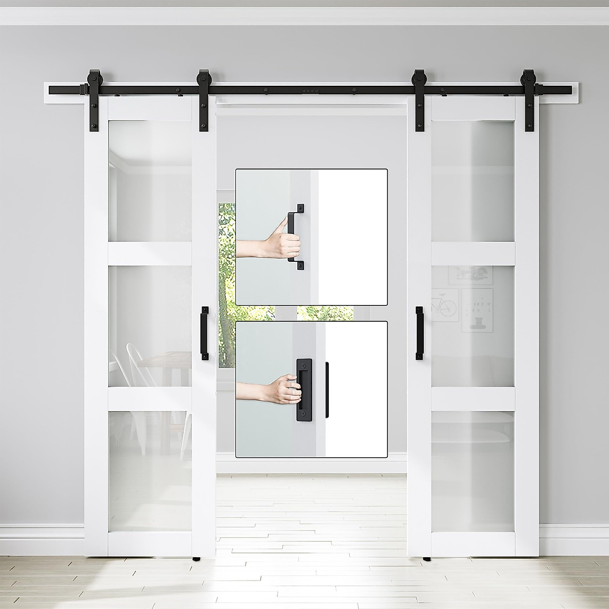 COSHOMER Double 24 x 84in 3-Panel Sliding Barn Door with Frosted Glass and 8FT Hardware Kit - Waterproof, Easy Assembly, Pre-Drilled Holes - Suitable for Openings up to 46in x 82in, White