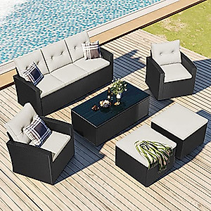 EMKK 6-Piece Patio Furniture All-Weather Wicker PE Rattan Outdoor Dining Conversation Sectional Set with Coffee Table, Sofas, Ottomans, Removable Cushions, Black+Beige