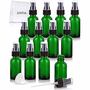 1 oz / 30 ml Green Glass Boston Round Bottle with Black Treatment Pump (12 Pack) + Clear Travel Bag and Funnel