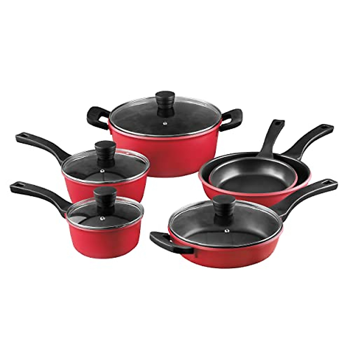 Bergner - Retro Cookware - Pots and Pans Set Nonstick - Induction Cookware - 10 Piece Pan Set - 8"/10" Fry Pans, 1.3qt Saucepan, 2.5qt Saucepan, 2.5qt Sautepan with Lids, 7qt Dutch Oven - Red