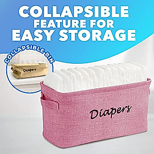 Dejaroo - Baskets for Organizing Diapers and Newborn Essentials, Baby Diaper Caddy Organizer, Embroidered Baby Shower Gifts for Moms, Linen Basket with Handle, 12 x 6 x 6 Inches, Pink