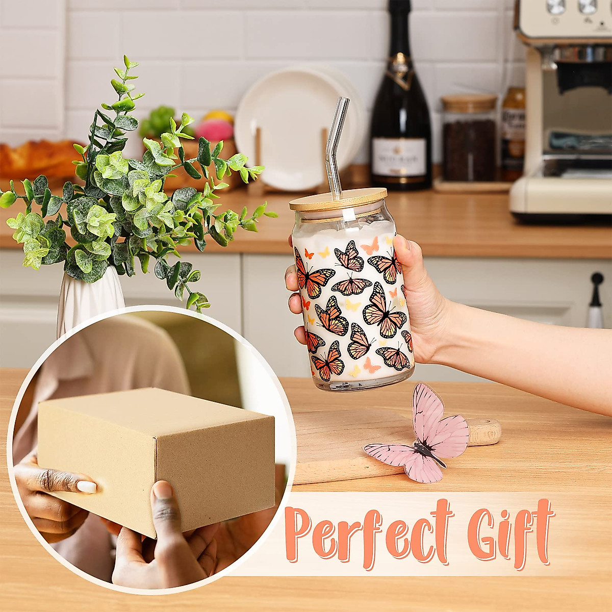 Nefelibata Monarch Butterfly Beer Can Glass Color Changing Iced Coffee Glass 16 OZ Orange Butterflies Art Glass Mug Present with Lid Drinking Straw Spring Summer Memorial Gifts for Mom Aunt Friend