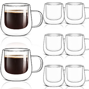 Sunnyray 8 Pack Double Walled Glass Coffee Mugs 10oz Insulated Cappuccino Glasses Mugs with Handle Clear Glass Coffee Cups Bistro Travel Camping for Tea Latte Beverage Shots Glasses Heat Resistant