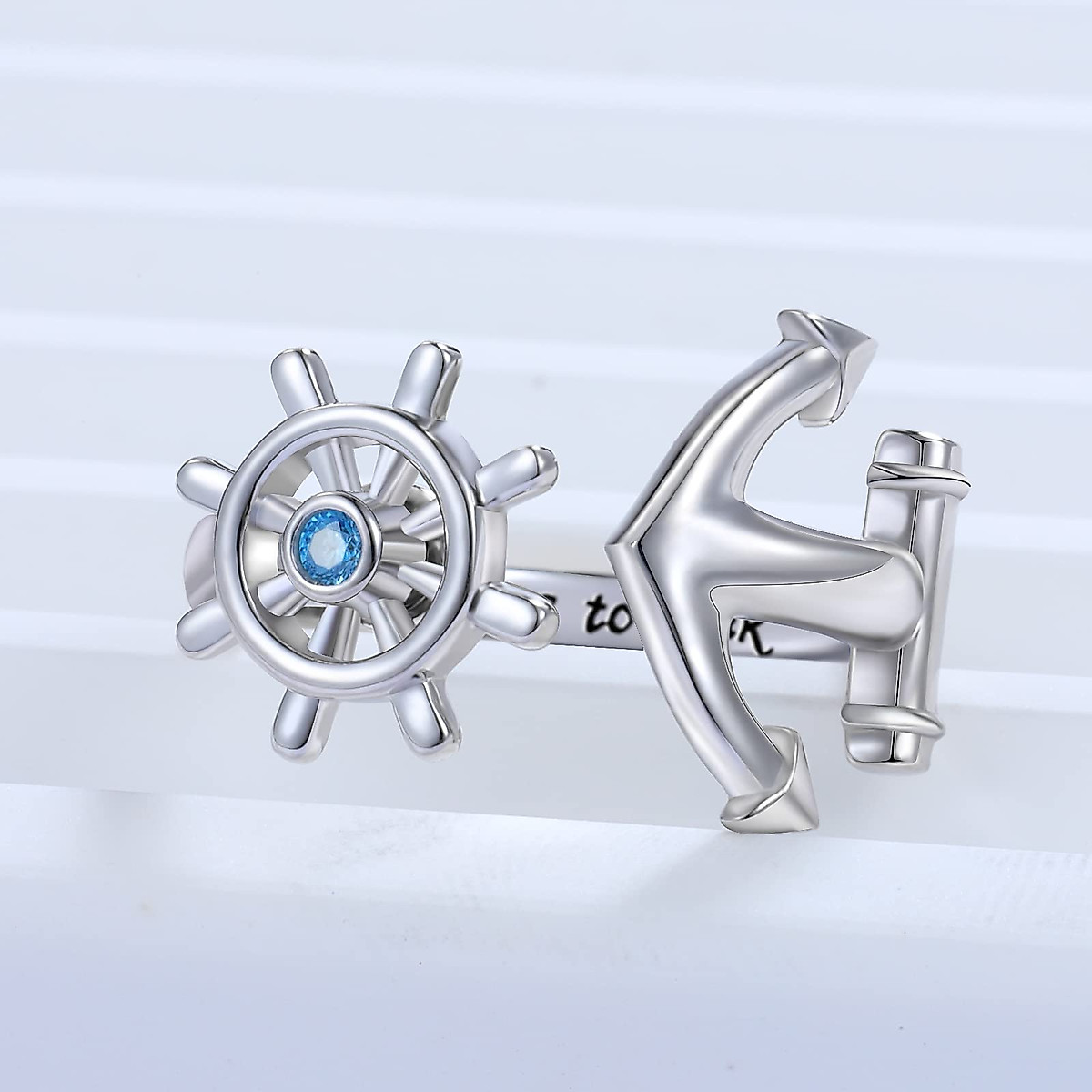 925-Sterling-Silver Anchor Ring for Women - Adjustable Fidget Anxiety Ring Ship Wheel Ring Spinning Ring Anchor Jewelry For Teens (Spinning Wheel Anchor Ring)