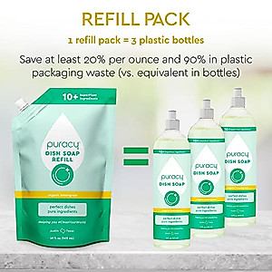 Puracy Natural Dish Soap Refill, Skin-Softening Plant-Based Liquid Dishwashing Detergent Soap, Clean-Rinsing Water-Sheeting Formula, (Organic Lemongrass 48 Oz)