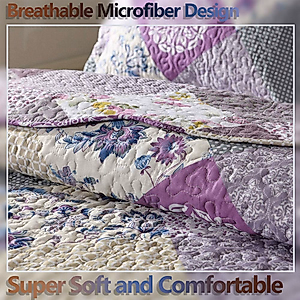 ENJOHOS King Size Quilt Set - 3 Pieces Purple Patchwork King Quilt with 2 Pillowcases, Lightweight Reversible Country Bedspread with Floral Design