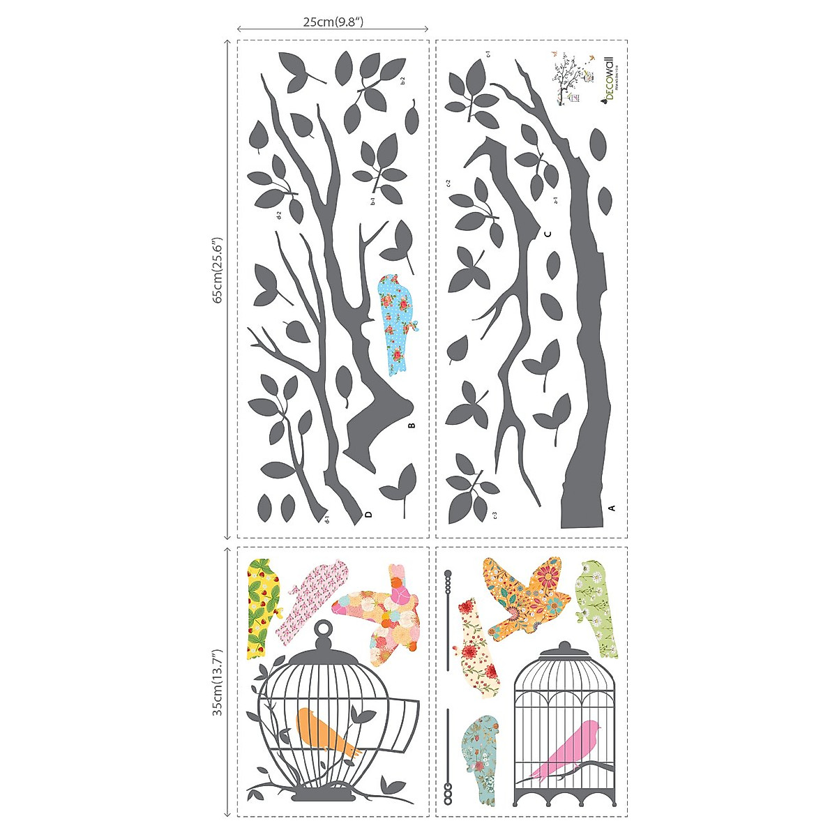 DECOWALL DW-1510 Birds on Tree Branch with Bird Cages Kids Wall Stickers Wall Decals Peel and Stick Removable Wall Stickers for Kids Nursery Bedroom Living Room (Grey) d?cor