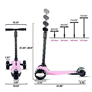 Kick Scooter for Kids 3 Wheels Scooters for Toddlers Girls Boys with Adjustable Height, Light Up Flashing Wheels, Lean-to-Steer, Sturdy Deck, Extra Wide, Quick-Release, for Ages 2-5 Years Old, Pink
