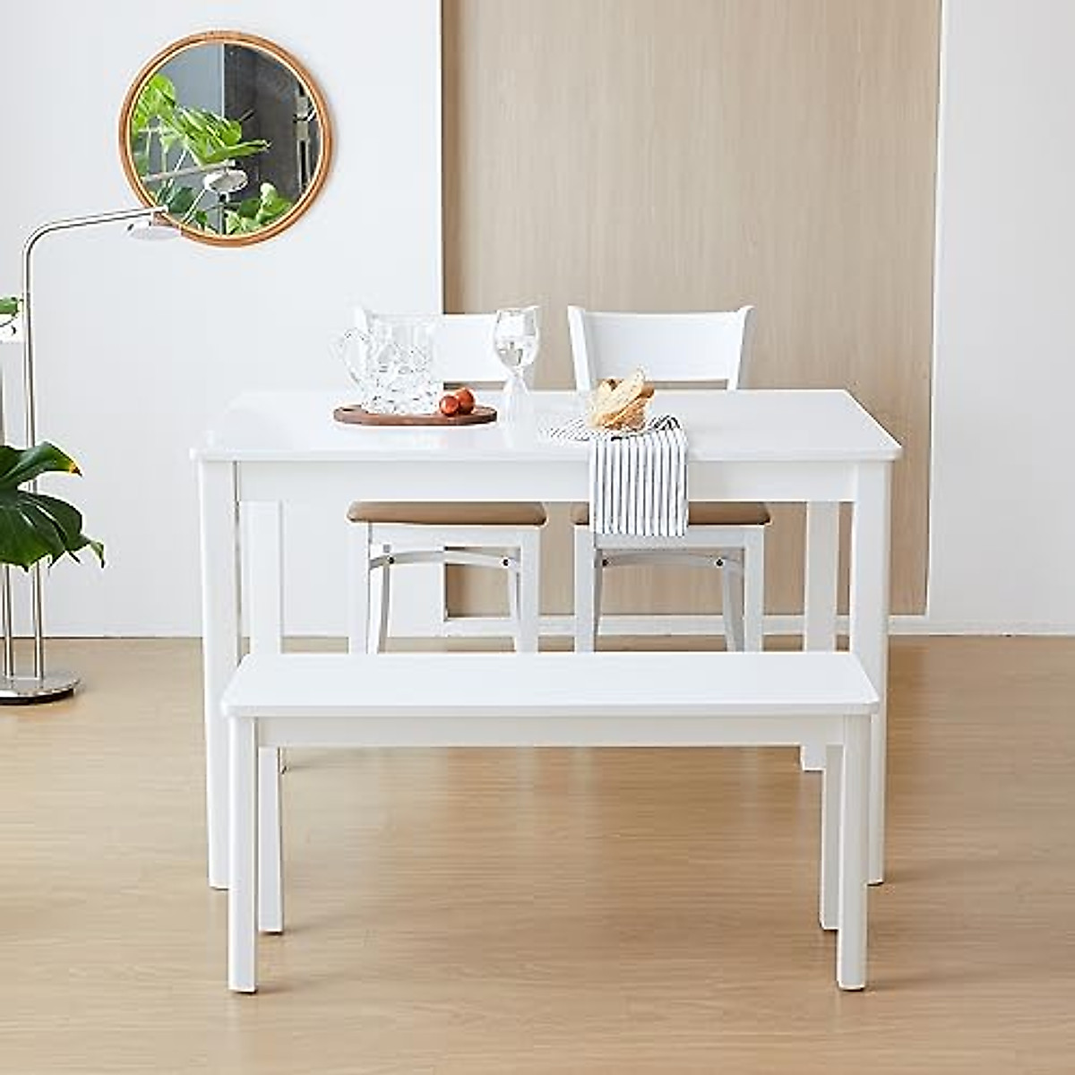 Livinia 4 Piece Cabin Wooden Dining Room Table Set with 2 Ladder Back Chairs and Bench (White)