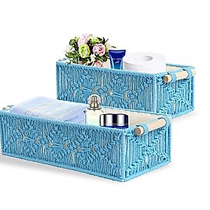 FEILANDUO Shelf Baskets 2Pcs Macrame Toilet Paper Storage Baskets for Organizing Boho Decor Boxes Bathroom Woven Baskets with Handle Home Decoration (Blue)