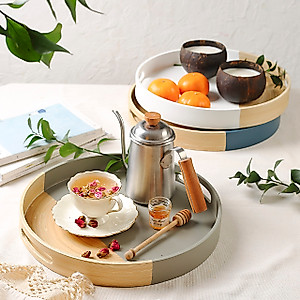 Kiwi Homie 13.78" Dia Spun Bamboo Serving Tray, Round Tray with Handles, Round Ottoman Tray, Semi Grey for Coffee Table, Serving Food on Home Dining Table, Restaurant (Grey)