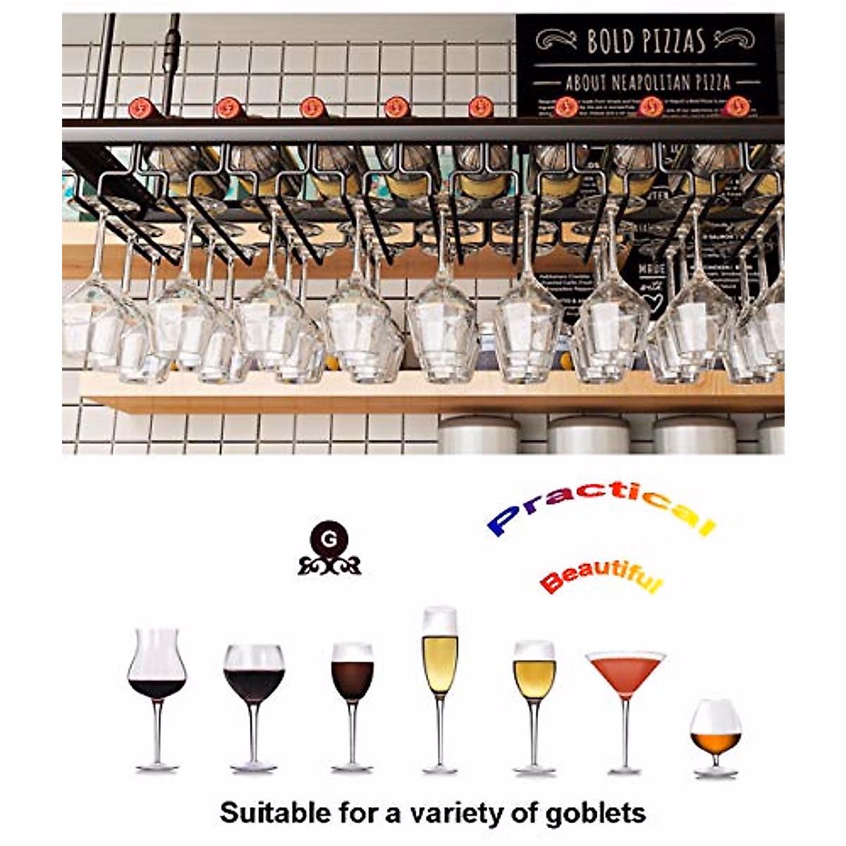 Metal Retro Wall Hanging Mounted Wine Champagne Glass Goblets Stemware Rack Holder, 80 x 30 cm Hold Up to 8 Bottles Wine and 24 Cups Glasses