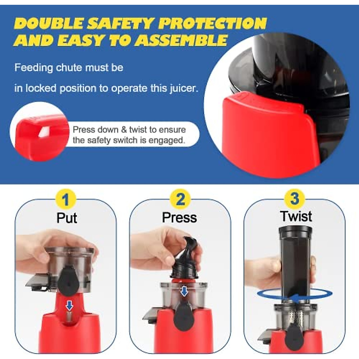 CRANDDI Super Mini Juicer Machines, 110v, 100w Slow Masticating Juicer Easy to Clean, Cold Press Juice Extractor with Brush and Reverse Function for Fruit Vegetable Juice, M-228 Red