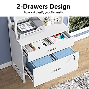 Tribesigns 2 Drawer Vertical File Cabinet with Lock & Bookshelf, Letter Size Large Modern Filing Cabinet Printer Stand with Open Storage Shelves for Home Office, White