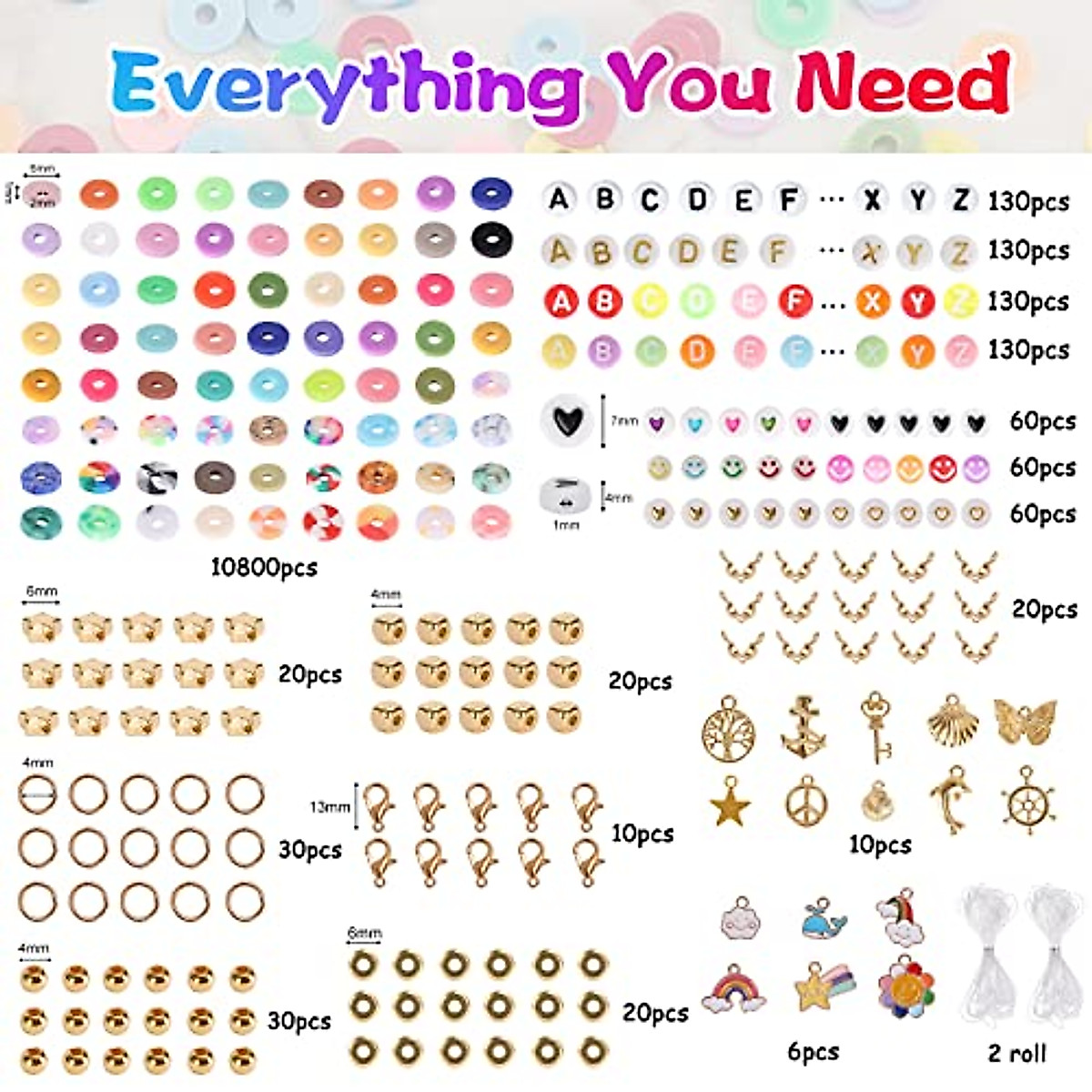 QUEFE 10800pcs Clay Beads Kit for Bracelet Making 72 Colors Flat Round Polymer Clay Beads Spacer Heishi Beads Jewelry Making with Pendant Charms Kit Letter Beads Elastic Strings