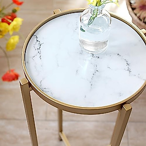 DOWLVN Gold Marble Snack Drink Accent Table, Small Round Side End Table for Living Room Bedroom Small Space, 11" D x 24" H
