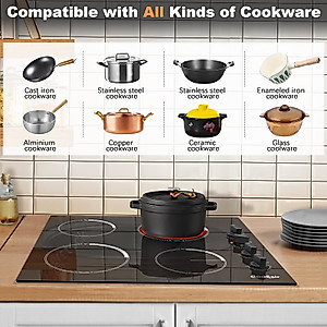 Cooksir Electric Cooktop 24 Inch, 4 Burner Electric Stove Top 6000W, Built-in Radiant Electric Stovetop with 9 Heating Level, Auto Shut Down Protection, Knob Control, 220-240V Hard Wired (No Plug)