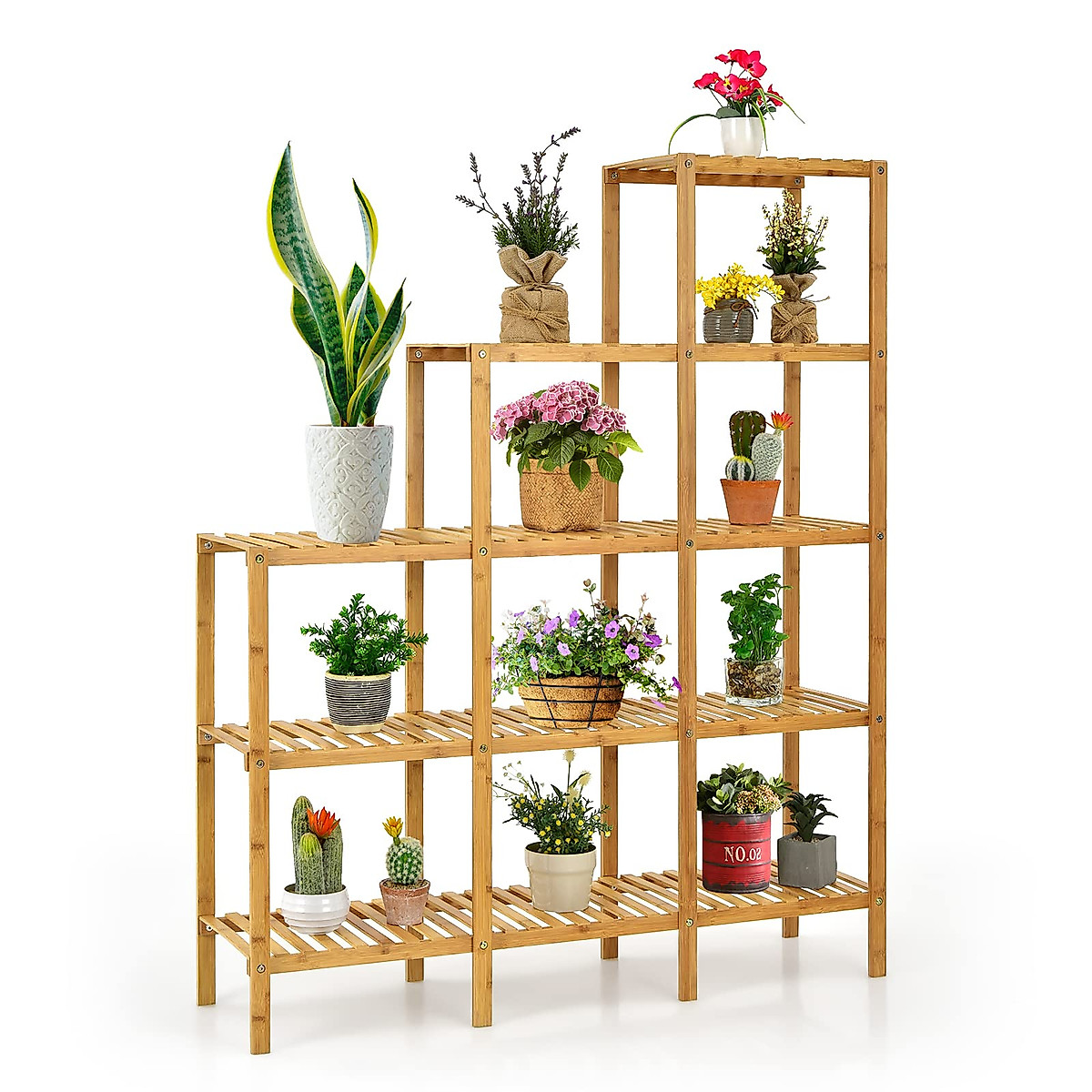 Giantex 5 Tier Bamboo Shelf, Cube Storage Organizer w/ 9 Cubes, Bamboo Bathroom Shelf, Multipurpose Storage Organizer Display Plant Stand for Home Office Living Room Balcony
