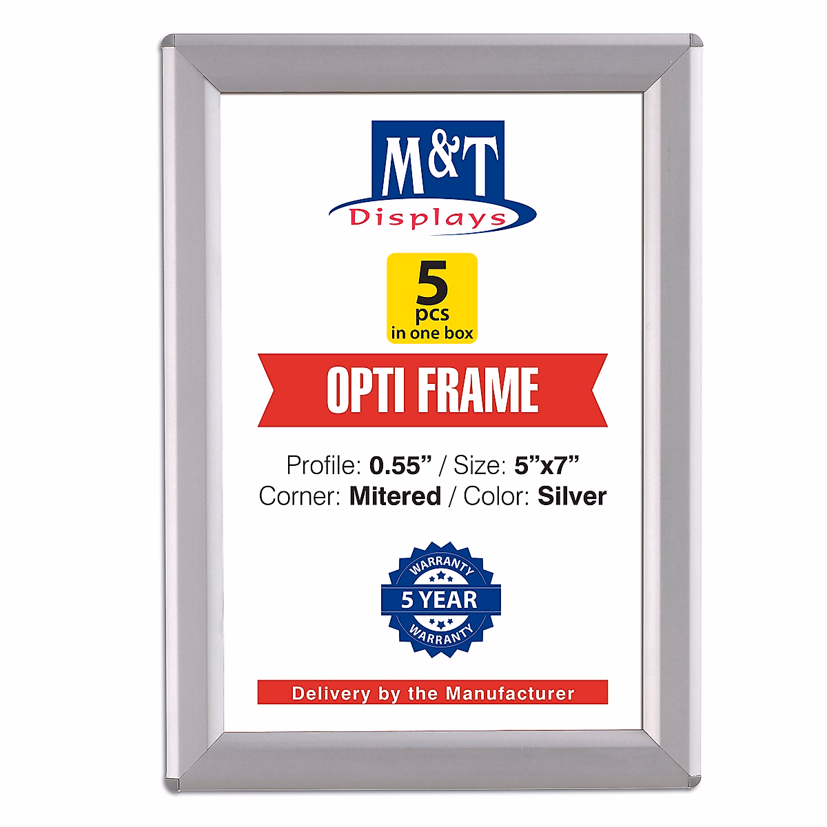 M&T Displays Opti Snap Poster Frame 5x7 Inch Silver 0.55" Aluminum Profile Front Loading Wall Mounting Photo Picture Document Certificate Sign Holder Mitered Corner Anti Glare Cover (5 pack)