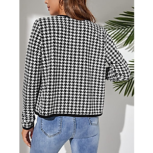 WDIRARA Women's Houndstooth Open Front Long Sleeve Plaid Work Office Elegant Jacket Black and White Tall S