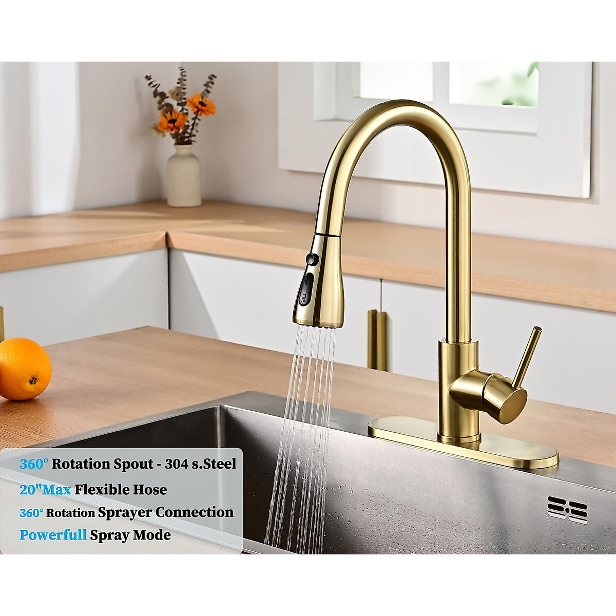 Havin Gold Kitchen Faucet with Pull Down Magnetic Sprayer, High Arc Stainless Steel Material, with cUPC Ceramic Cartridge,Fit for 1 and 3 Holes Kitchen Sink
