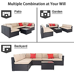 SUNCROWN 7-Piece Outdoor Sectional Sofa Couch - PE Rattan Wicker Modular Patio Furniture Conversation Set with Glass Coffee Table and Furniture Cover - Beige