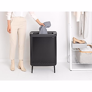 Brabantia Bo Laundry Hamper Hi (Matt Black) 2 Compartment Removable Laundry Bag 2 x 12 Gal, Ventilated Stylish Dirty Clothes Holder, Flat Back, Off-the Ground, Anti-Rust Materials for Bathroom Use