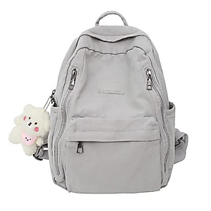 CHERSE Aesthetic Kawaii Backpack to school large capacity Lovely Aesthetic Student canvas Bookbags with accessories (Gray)