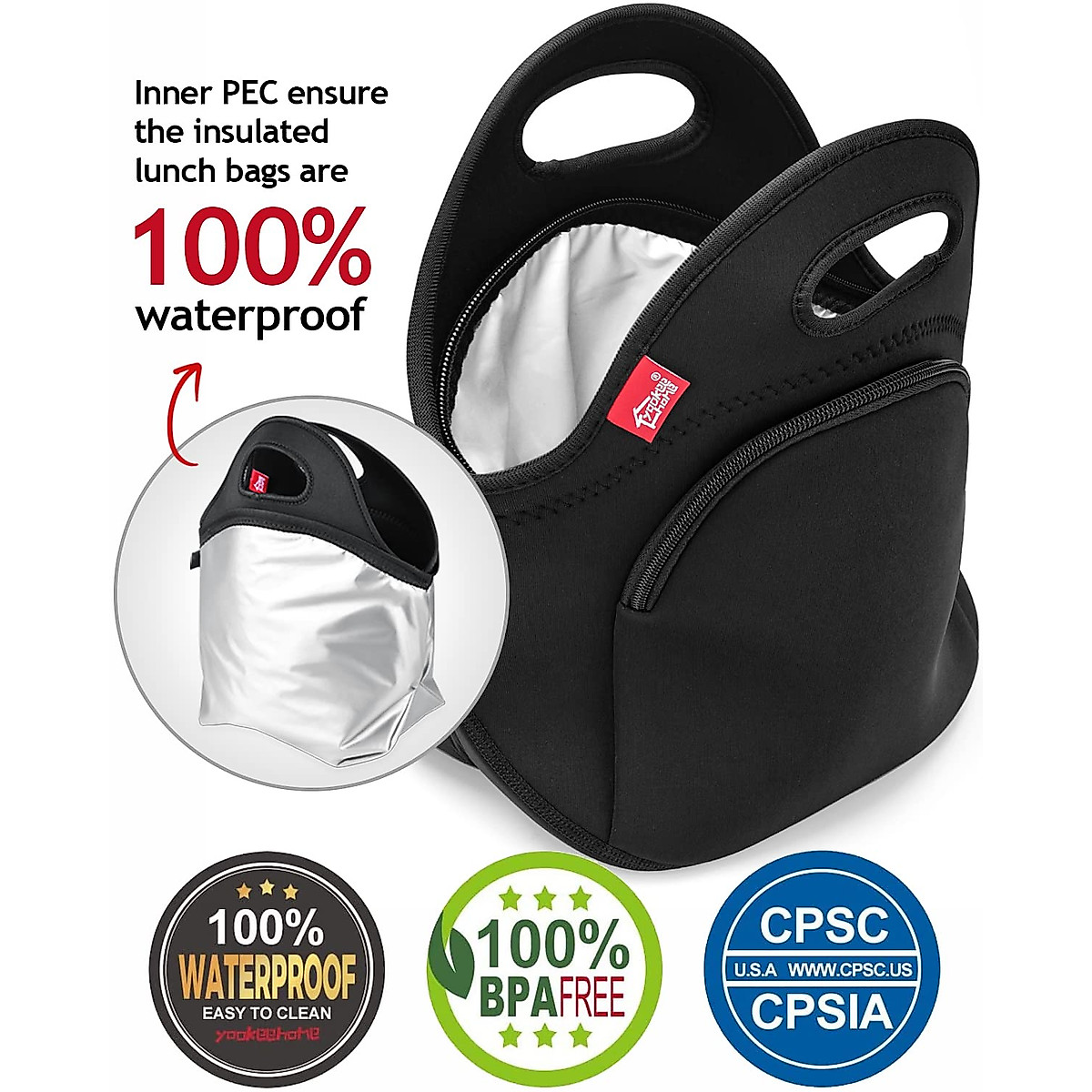 Yookee Home Neoprene Lunch Bag for Men, Black with Pocket, 12.5"L x 6.5"W x 12.5"H