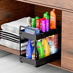 HEITICUP 2 Tier Under-Sink Organizers and Storage, Sliding Cabinet Basket Organizers, Pull Out Home Organizers with Hooks & Hanging Cups for Bathroom, Kitchen, Laundry Room, Black