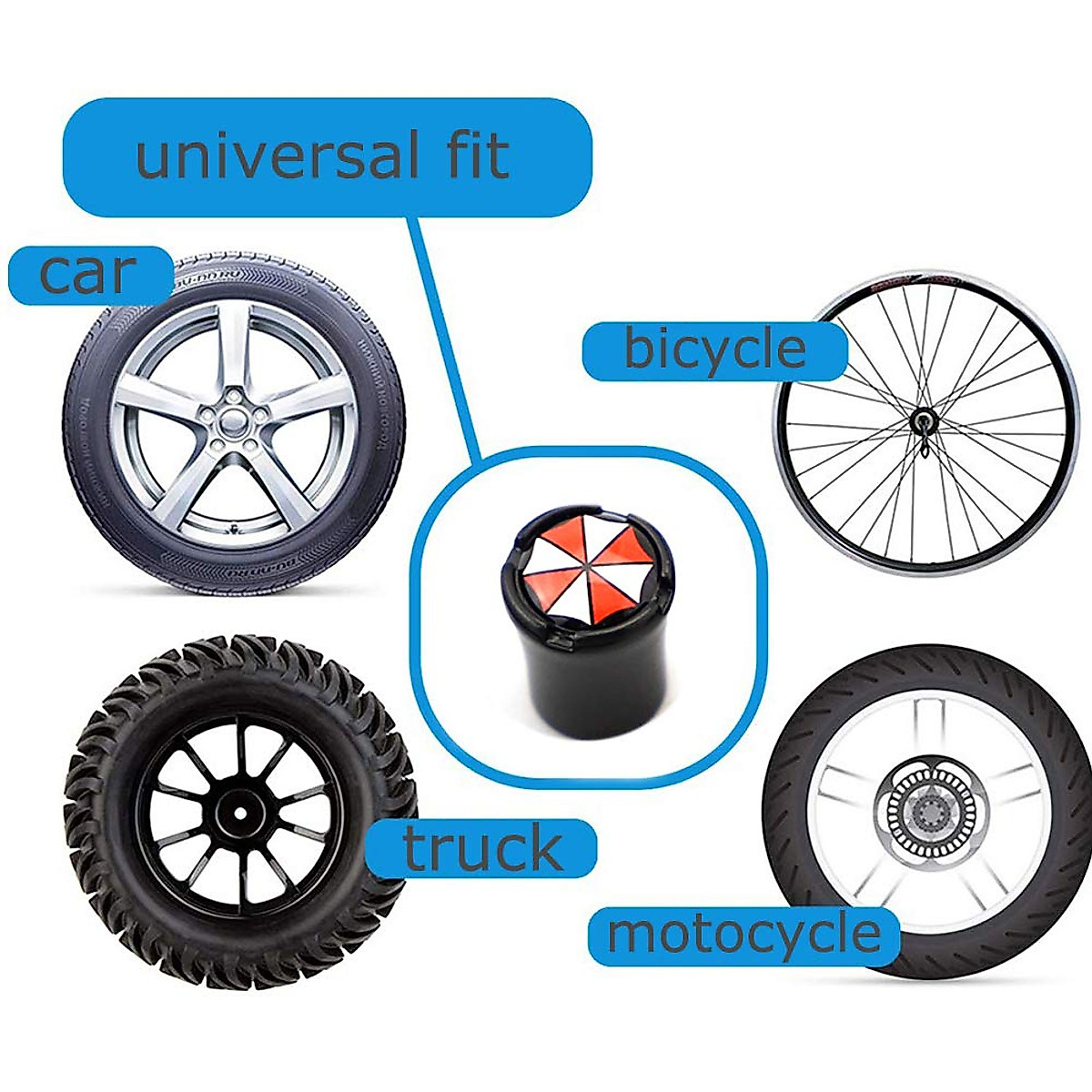 4Pcs Car Tire Valve Stem Cover Caps and a Wrench Keychain Combo Set Fit for Focus 2 3 Fiesta ST Mustang Mk1 - with Umbrella Corporation Emblem Logo Resident Evil Decorative Accessory (Black)