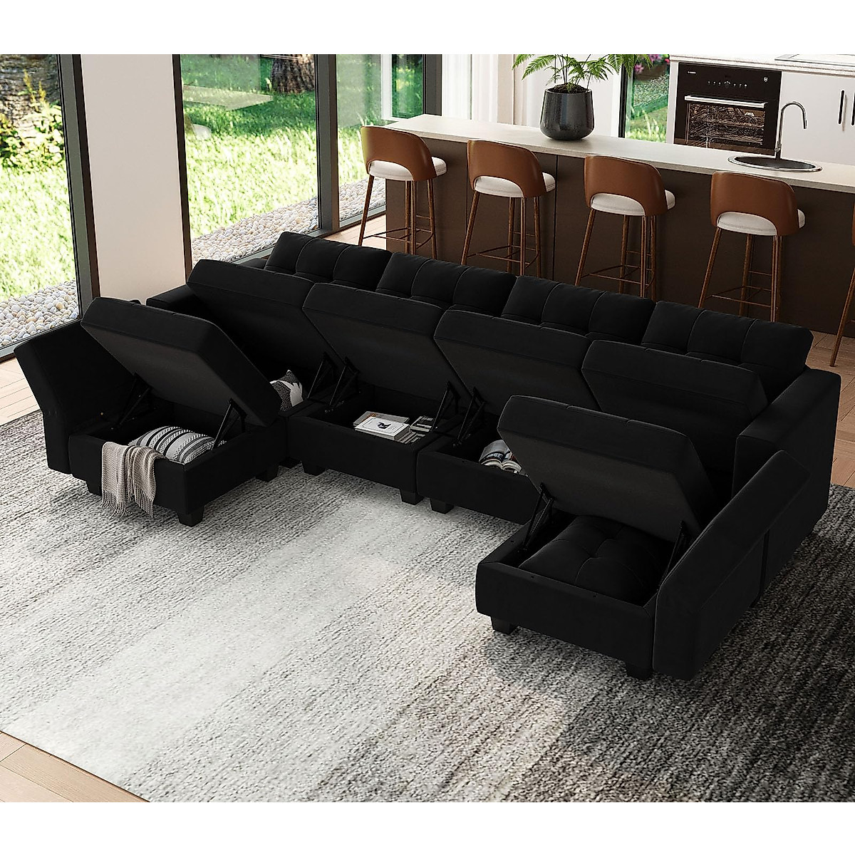 Belffin Modular Sectional U-Shaped Sofa Couch, Oversized Sectional Sleeper Sofa with Chaise and Ottoman, Modular Sofa Set with Stoarge Seat, Black