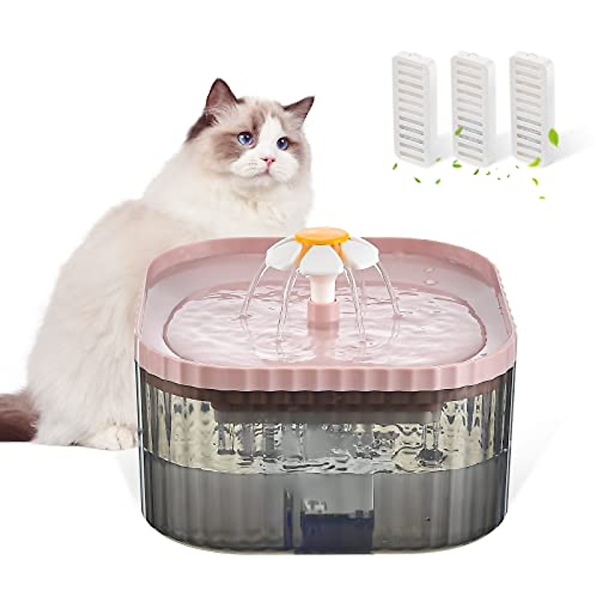 JEERAMIA 85oz/2.5L Cat Water Fountain, Ultra Quiet Pet Water Dispenser with Smart Pump and 3 Replacement Filters, Automatic Flower Fountain for Dog & Cat (Pink)