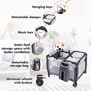 HONEY JOY Portable Baby Playard, 3-in-1 Pack and Play with Infant Bassinet, Diaper Changer & Toy Bar, Lockable Wheels, Toddler Play Yard w/Carry Bag Gray