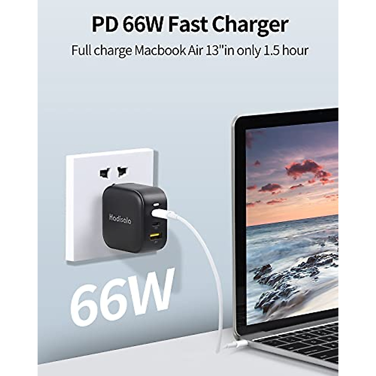USB C Charger, Hadisala 66W 3-Port GaN Fast USB C Wall Charger, Foldable USB C PD3.0 Power Adapter, Portable Travel Charger Block for iPhone 13 Pro Max Mini/MacBook Pro/iPad, Galaxy, Pixel and More